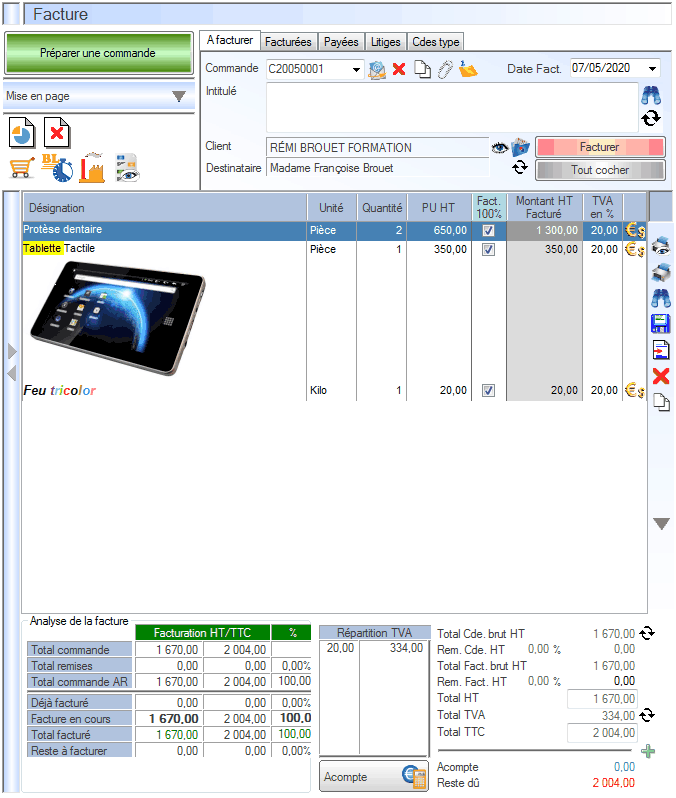 Module Finances - Facture totale après une facture Acompte